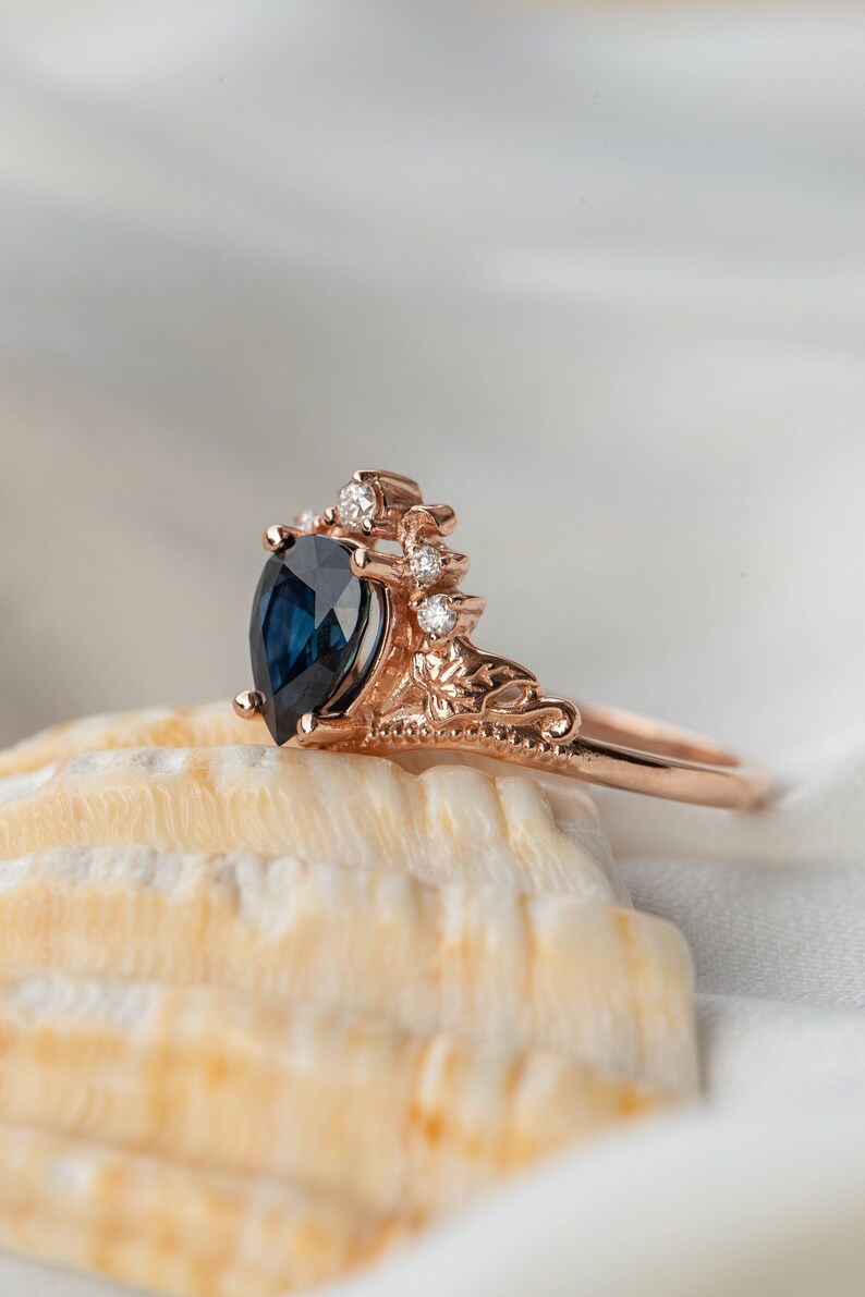 Blue Sapphire Engagement Ring Set, Nature Inspired Rings - Etsy