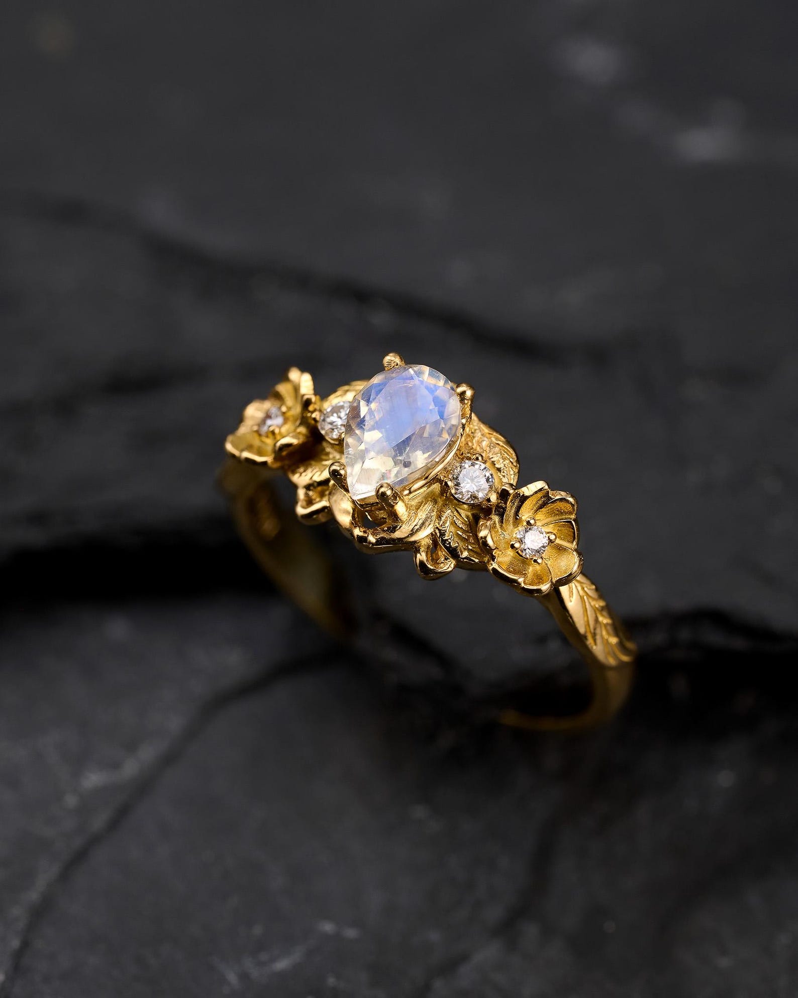 Real Moonstone Ring, Diamonds and Gold Leaves Nature Inspired Flower ...