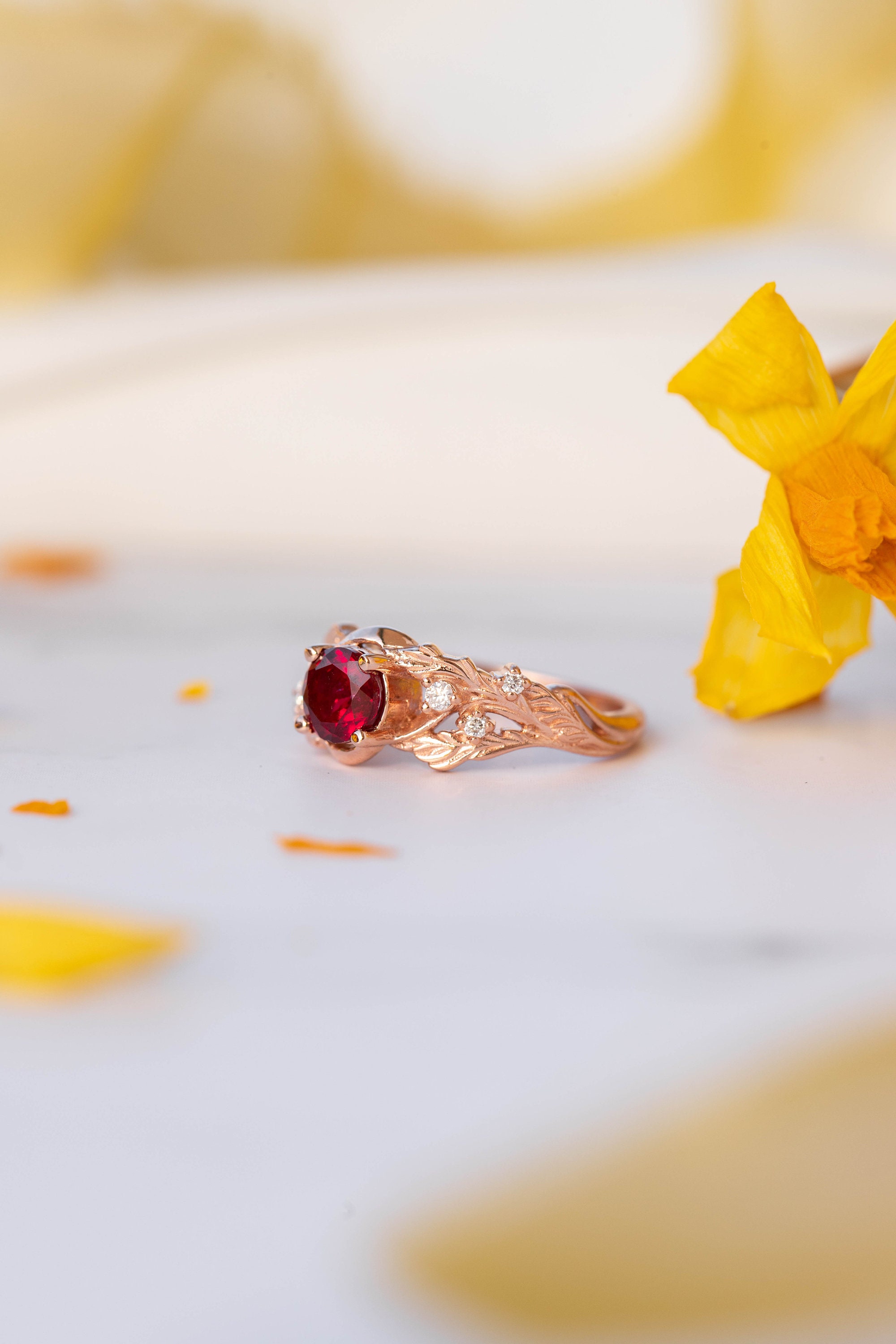 Lab Ruby Rose Gold Engagement Ring Gold Twig Leaf Ring - Etsy