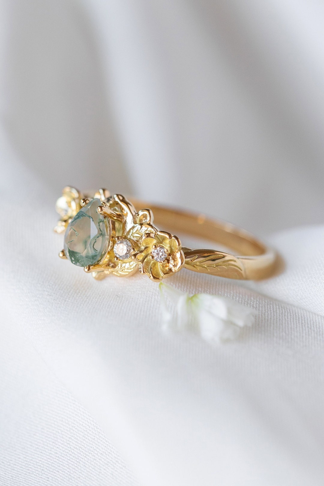 Flower Shaped Ring Diamonds and Pear Cut Moss Agate Floral Engagement ...
