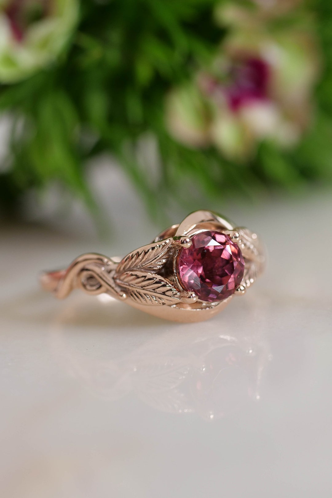 Nature Inspired Pink Tourmaline Engagement Ring, 14k or 18K Rose Gold ...