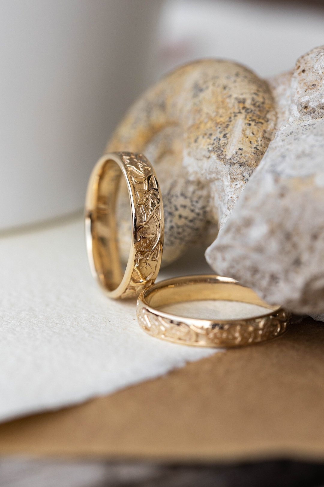 Gold Wedding Band Set His and Hers, Nature Inspired Partner Rings ...