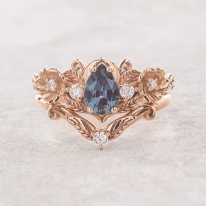 Botanical Engagement Ring With Alexandrite, Floral Engagement Ring ...
