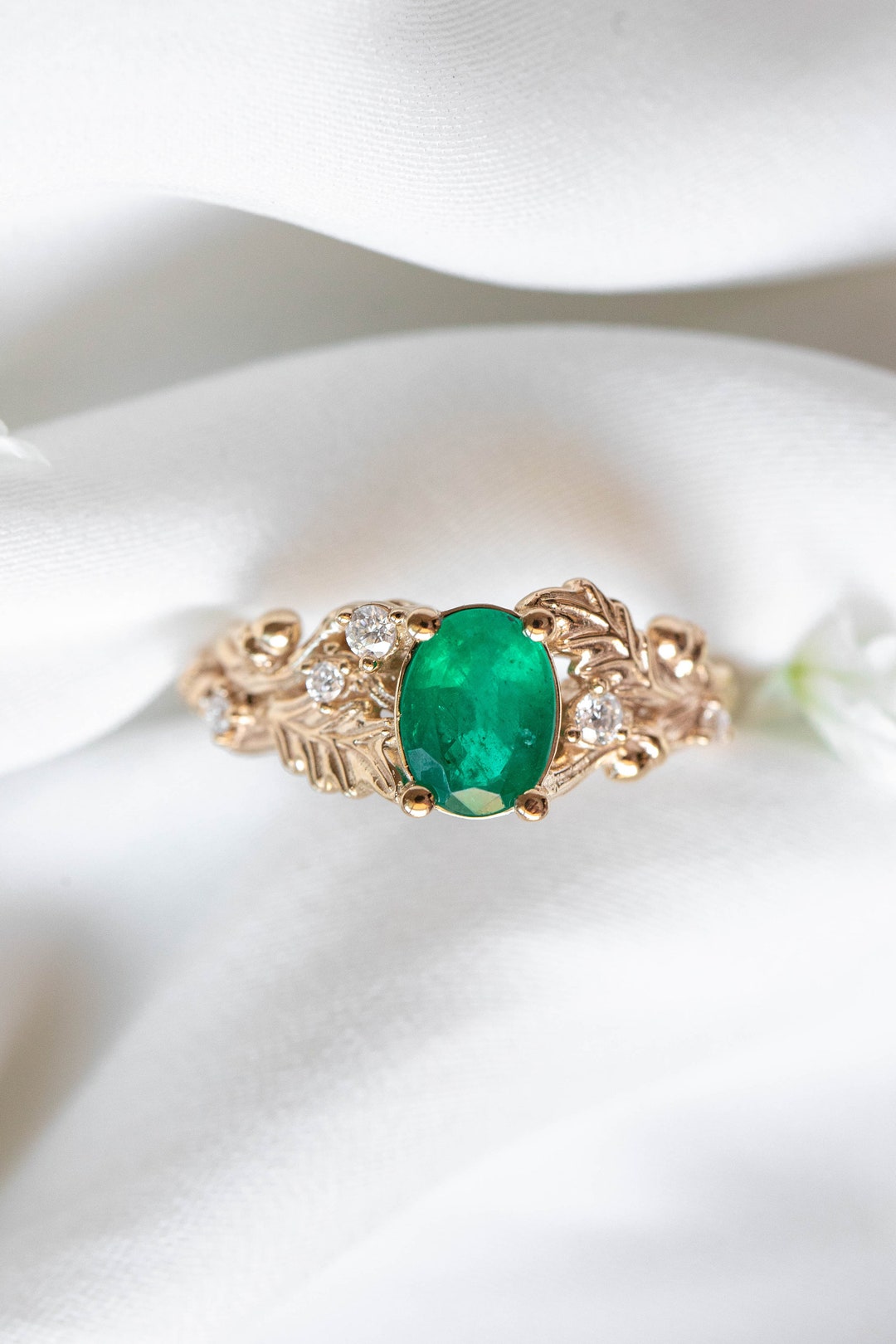 Natural Emerald Engagement Ring With Diamonds, Gold Oak Leaves and ...