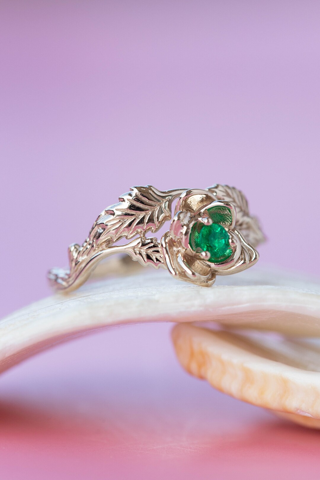 Enchanted Rose Ring - Rose Shaped Emerald Engagement Ring White Gold ...