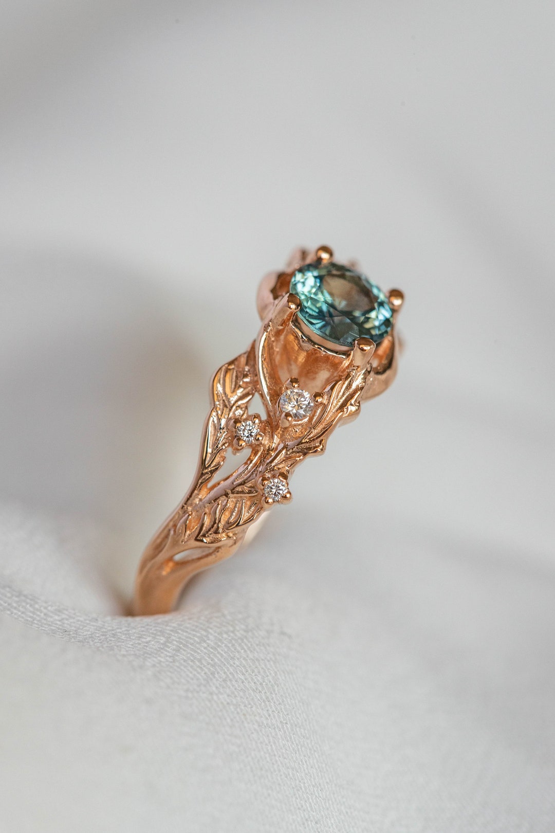 Genuine Teal Sapphire Engagement Ring, Gold Leaves Nature Inspired Ring With Diamonds in 14K or ...