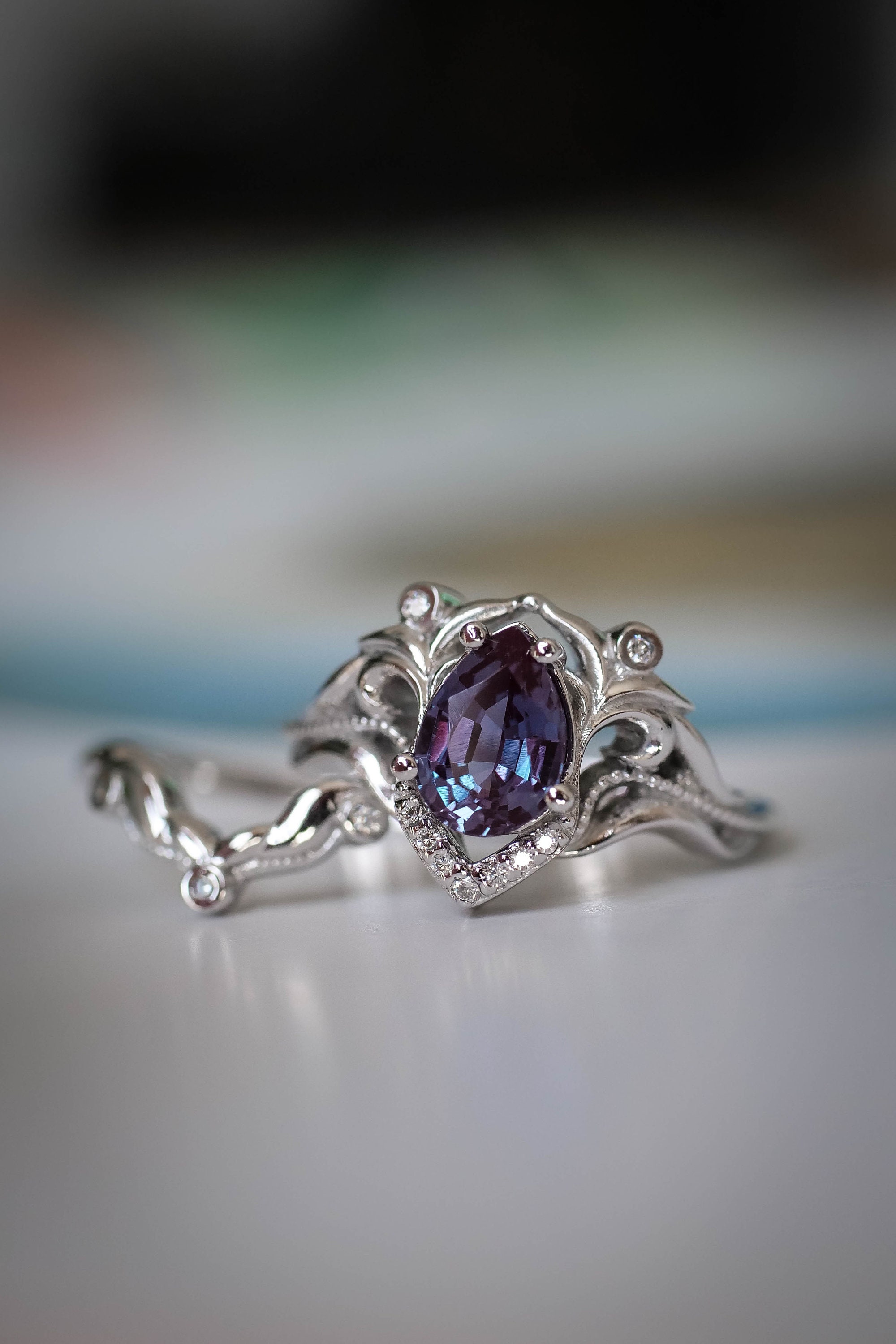Alexandrite Engagement Ring Set, Lab Alexandrite Diamond Ring and ...