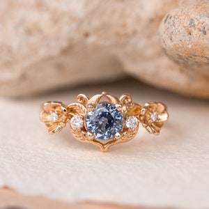 Violetish Blue Sapphire Ring With Flowers & Diamonds, Nature Inspired ...