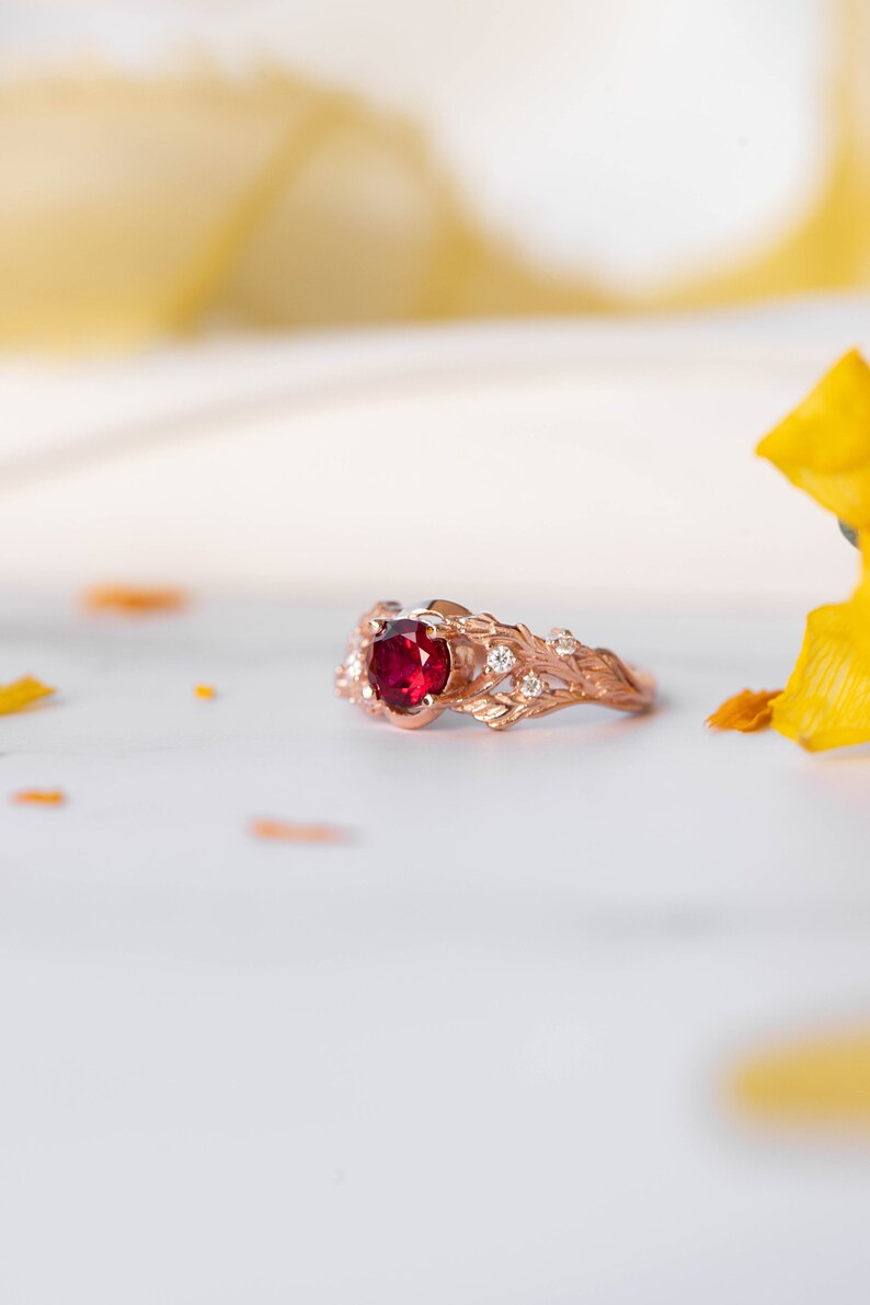 Lab Ruby Rose Gold Engagement Ring Gold Twig Leaf Ring - Etsy