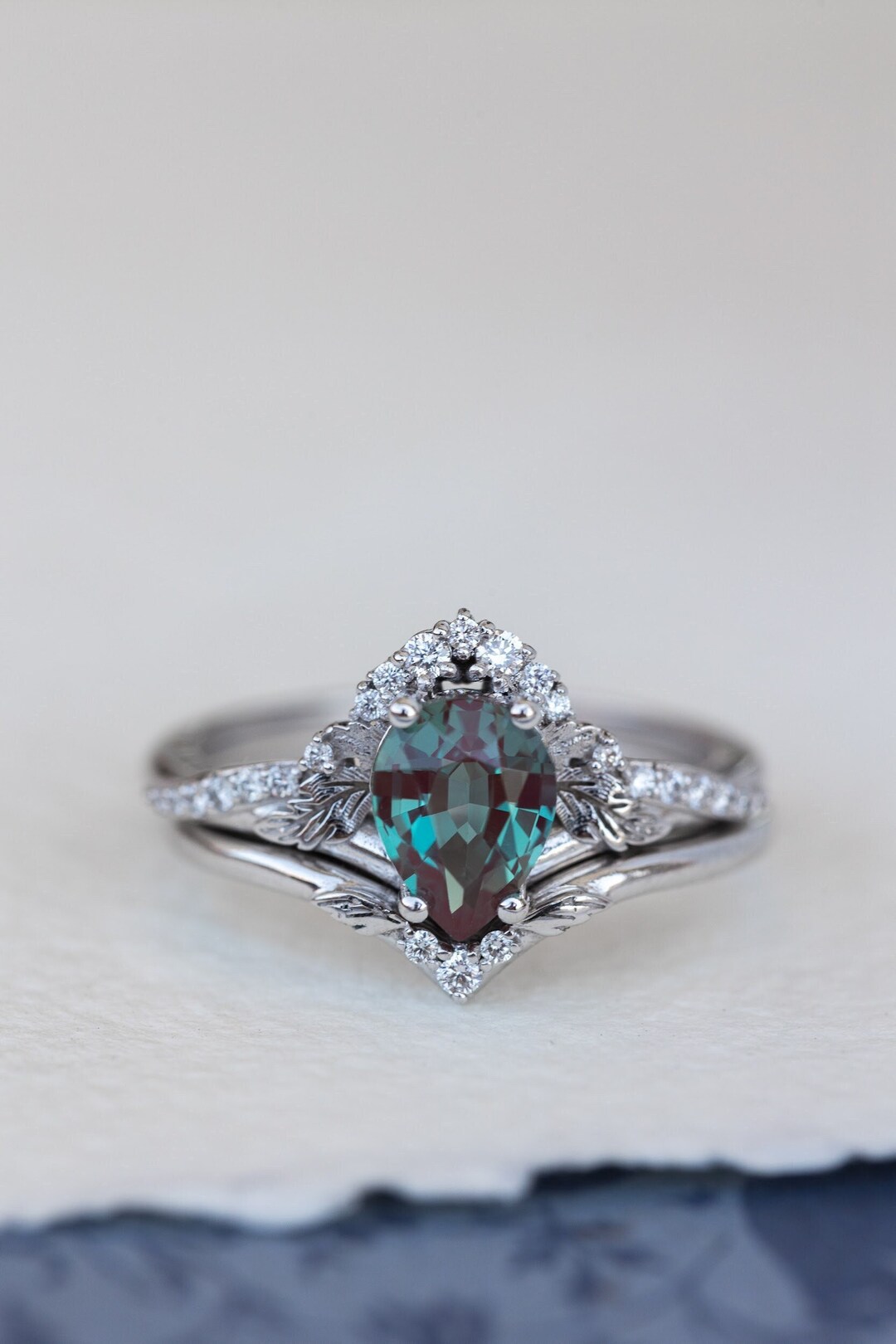 Lab Alexandrite Engagement Ring Set, Colour Changing Gemstone Ring ...