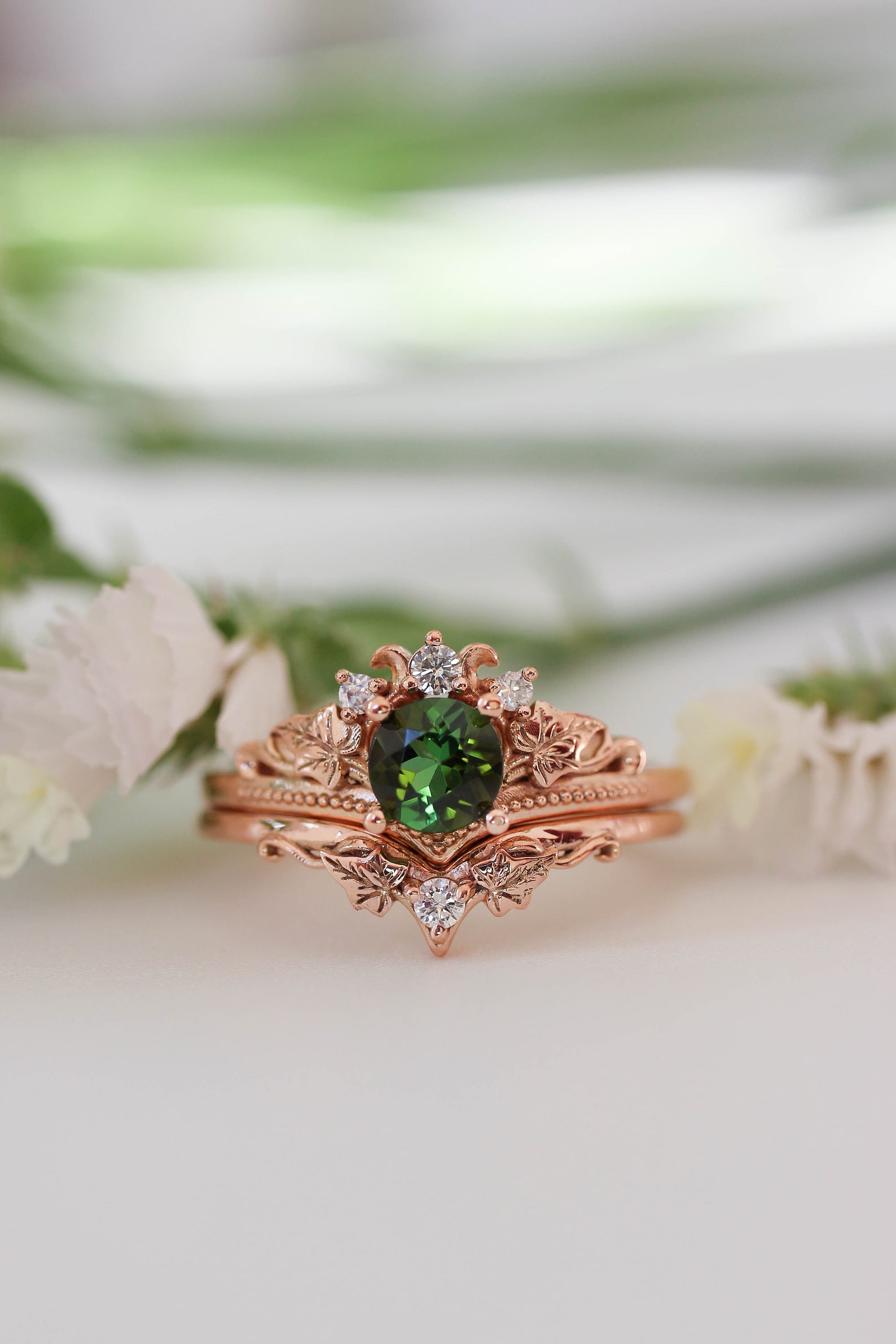 Nature Engagement Ring Set Green Tourmaline Ring Bridal Set - Etsy