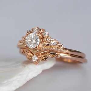 Moissanite Engagement Ring Set, Leaf Bridal Ring Set, Rose Gold Bridal ...