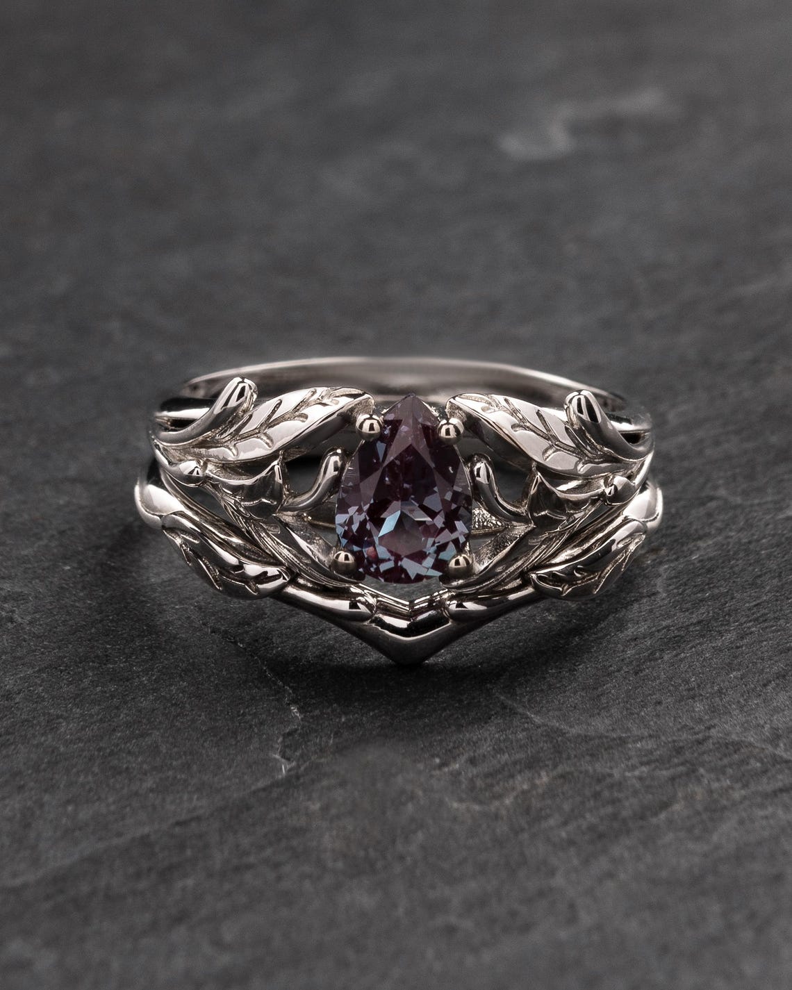 Pear Alexandrite Engagement Ring With Gold Leaves - Nature Inspired ...