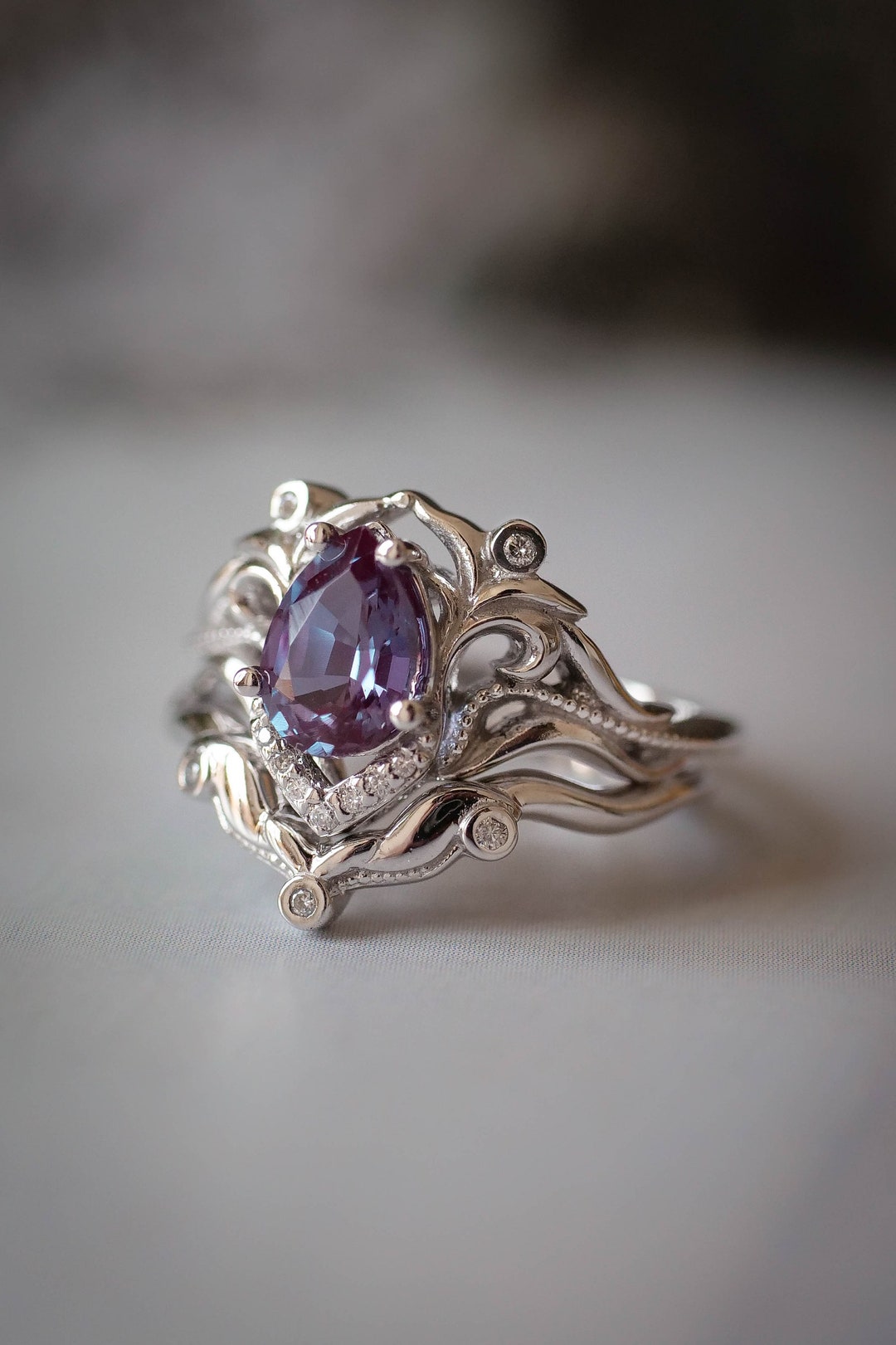 Alexandrite Engagement Ring Set, Lab Alexandrite Diamond Ring and ...