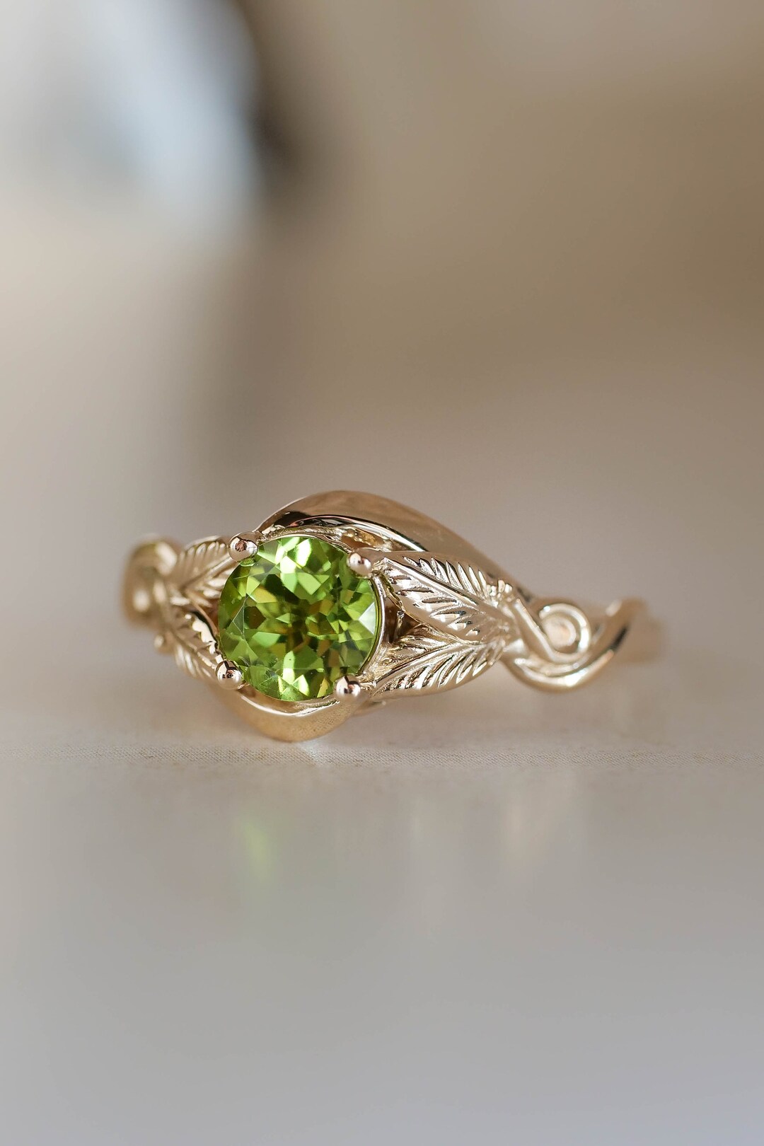 Nature Inspired Peridot Engagement Ring, Fantasy Gold Leaf Ring, Elvish ...