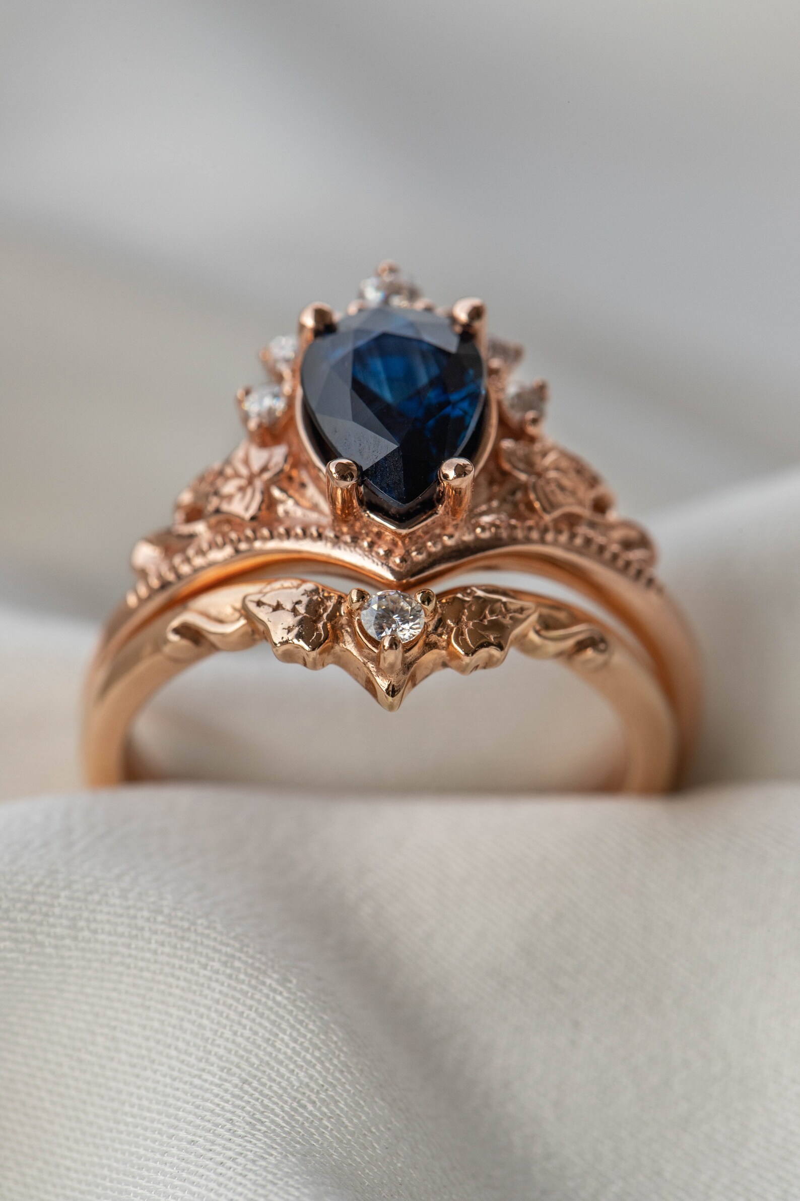 Genuine Dark Blue Sapphire Engagement Ring Set Rose Gold - Etsy