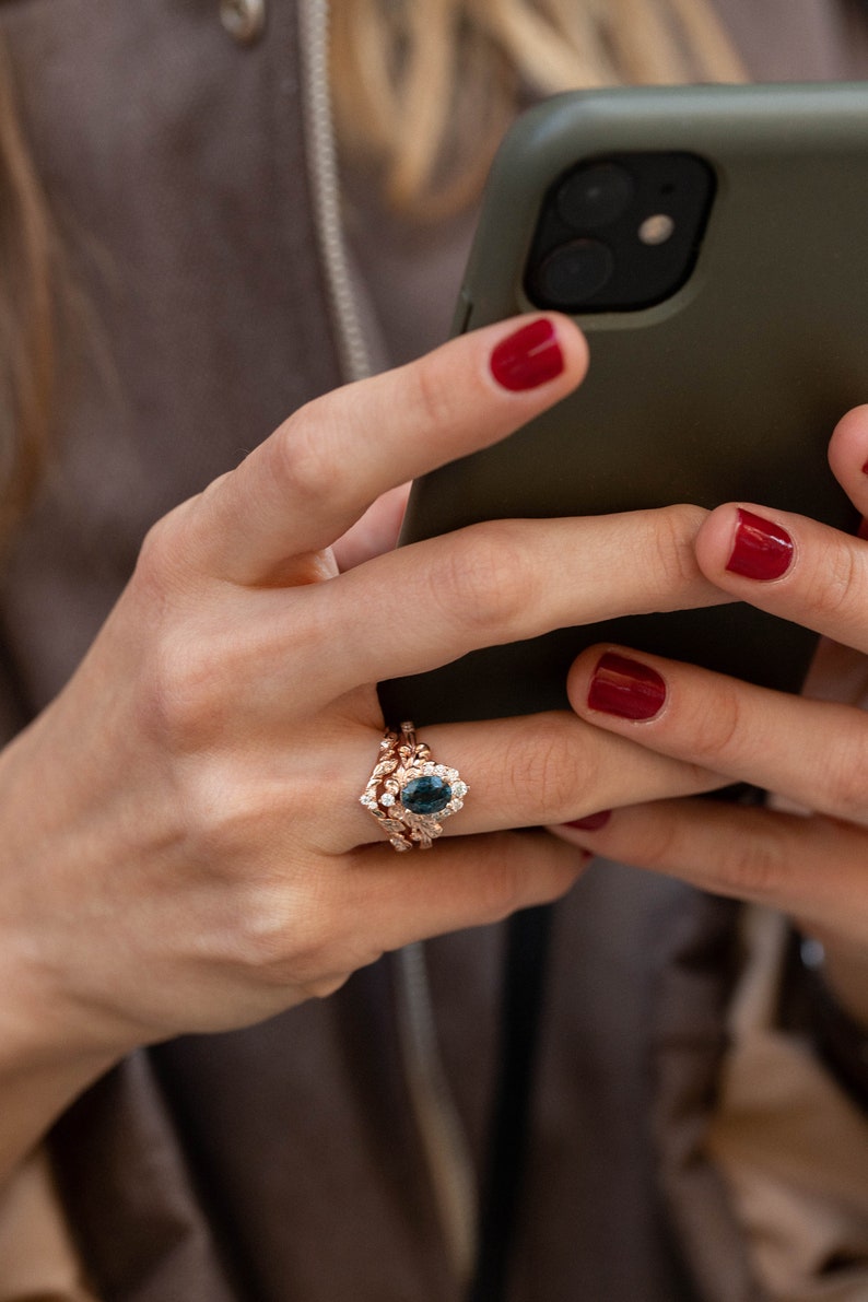 Half Halo Diamond Engagement Ring Set Teal Sapphire Ring With - Etsy