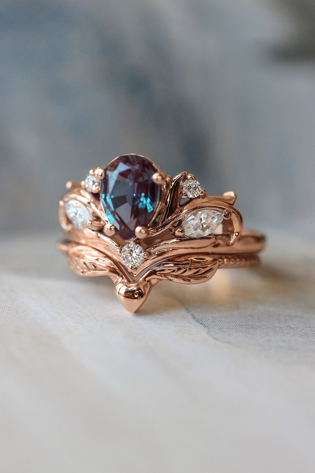 Alexandrite Bridal Ring Set, Rose Gold Ring, Art Nouveau Ring, Wedding ...