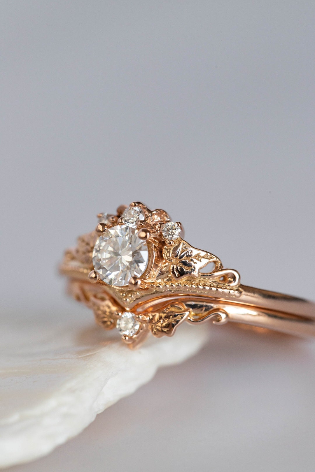 Moissanite Engagement Ring Set, Leaf Bridal Ring Set, Rose Gold Bridal ...