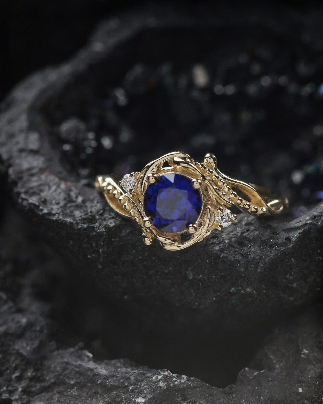 Fantasy Engagement Ring, Nature Inspired Dark Blue Lab Sapphire Ring ...