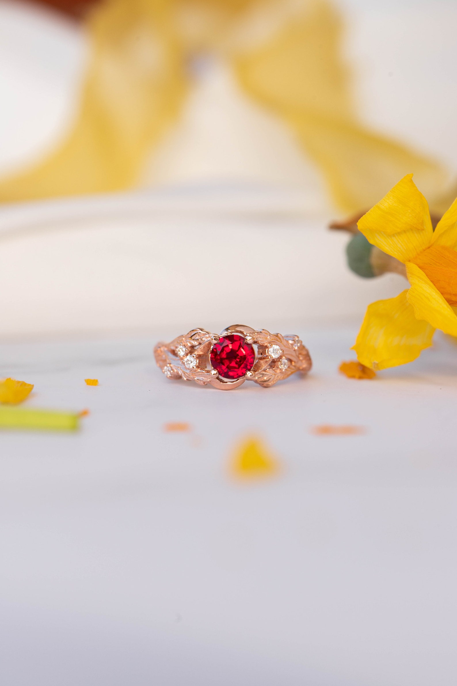 Lab Ruby Rose Gold Engagement Ring Gold Twig Leaf Ring - Etsy