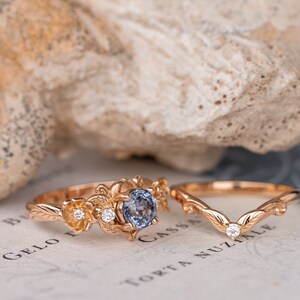 Violetish Blue Sapphire Ring With Flowers & Diamonds, Nature Inspired ...