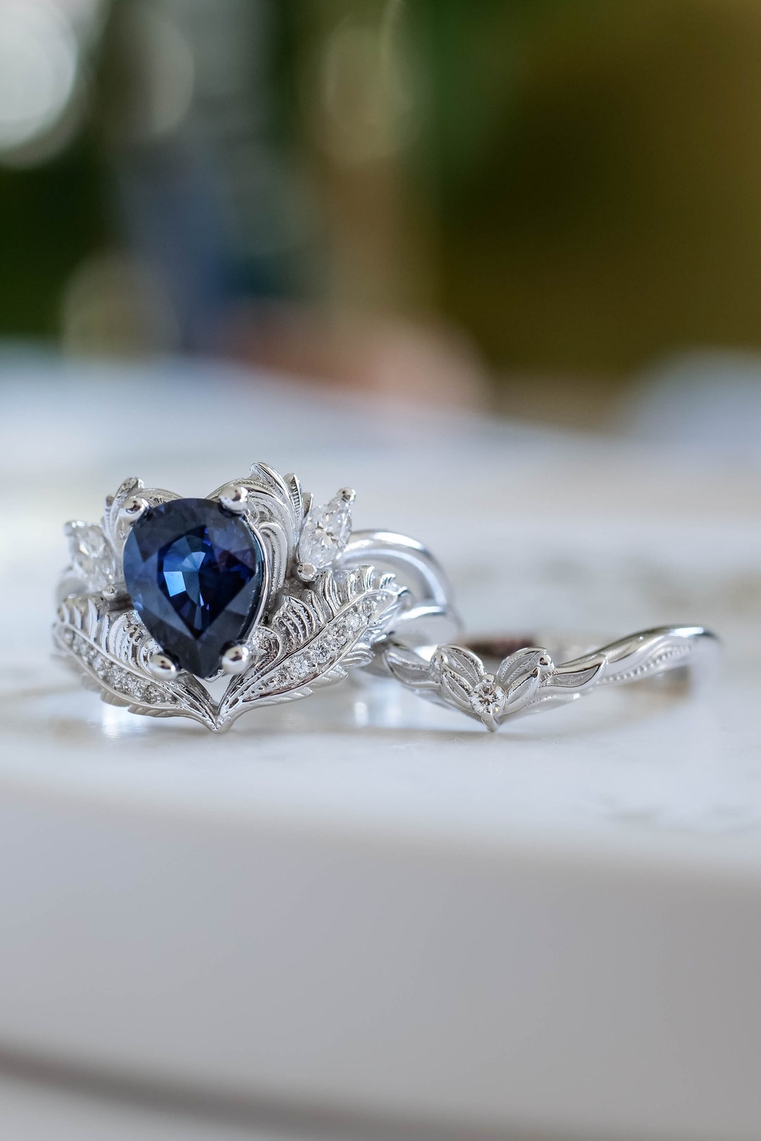 Pear Blue Sapphire Engagement Ring Set 2pcs, Real Sapphire Wedding Ring Set for Women Delicate ...