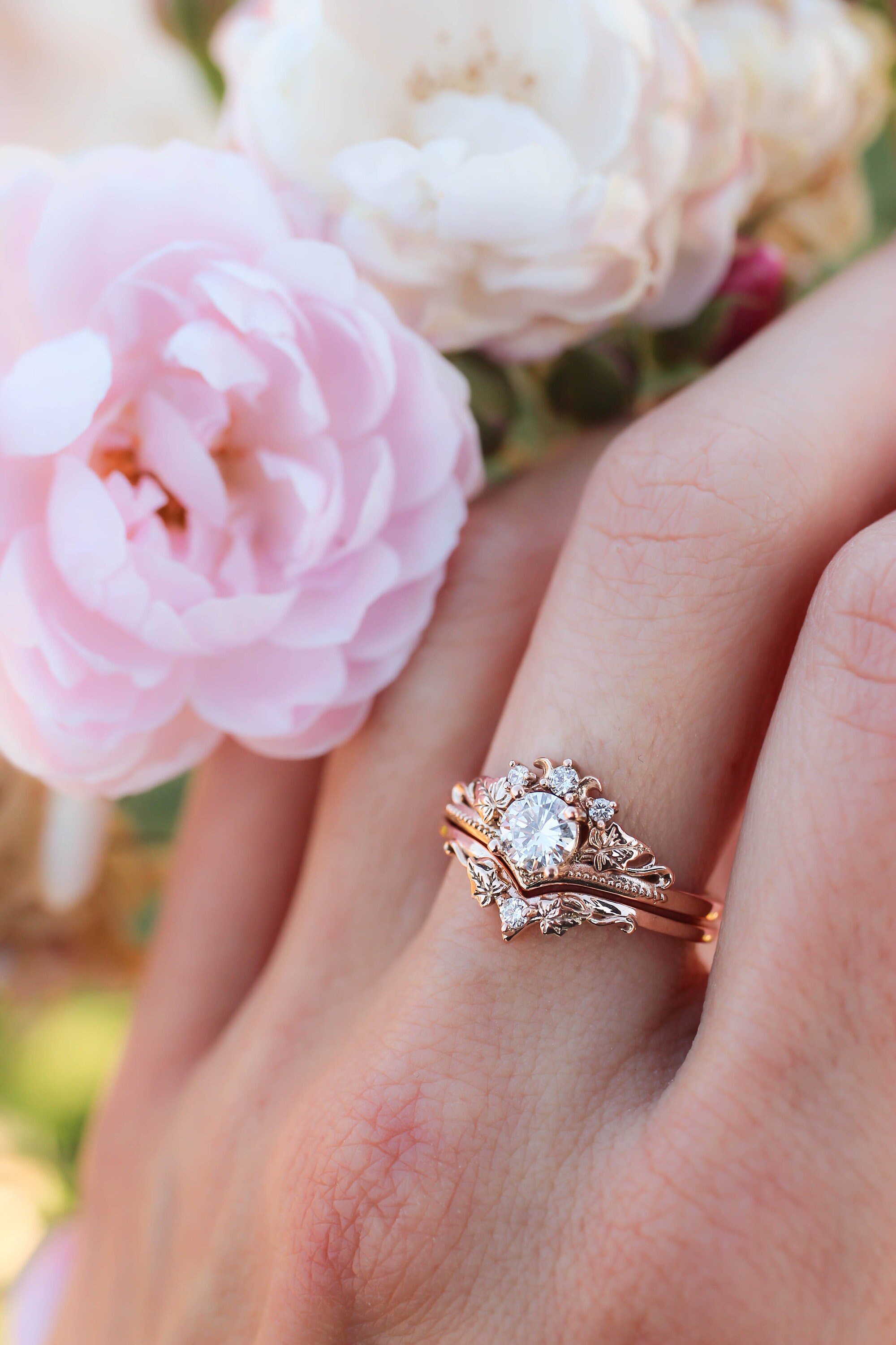 Moissanite Engagement Ring Set Leaf Bridal Ring Set Rose | Etsy