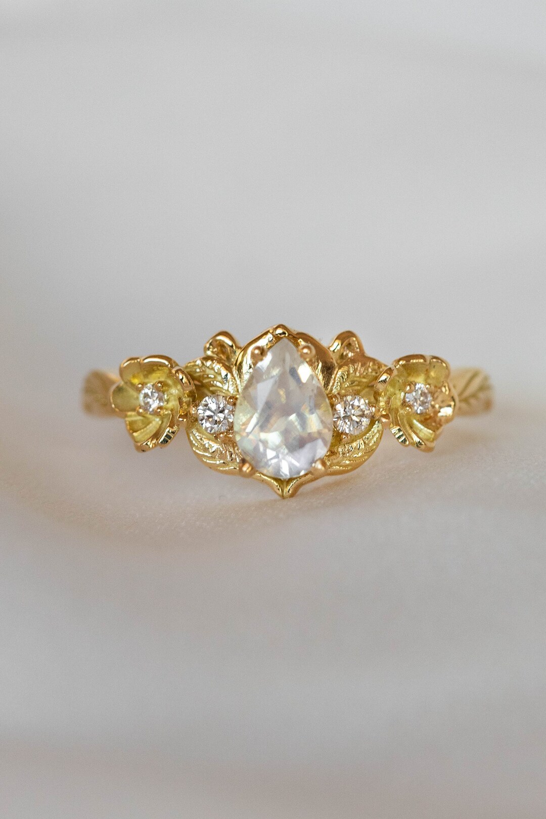 Real Moonstone Ring Diamonds and Gold Leaves Nature Inspired - Etsy