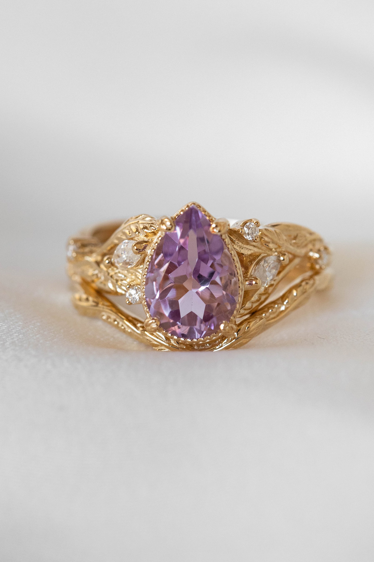 Natural Amethyst Engagement Ring Set, Solid Gold Bridal Set - Etsy