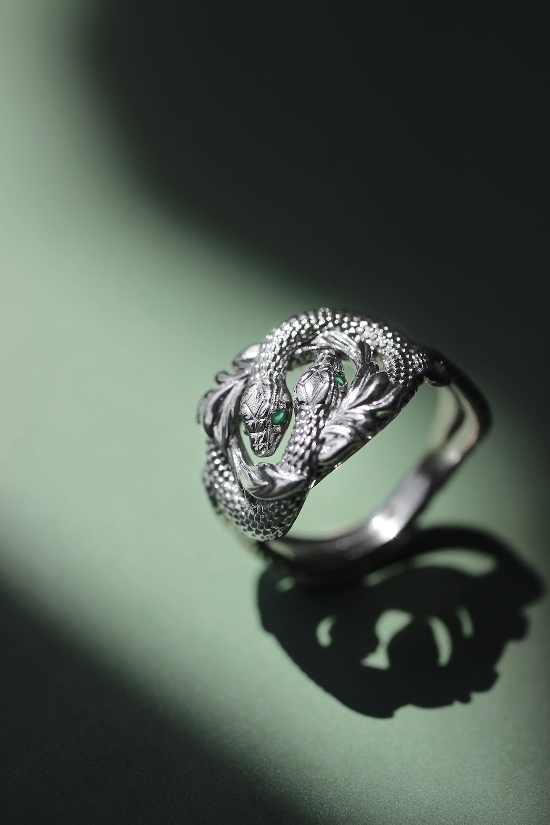 Two Snakes Ring, White Gold Statement Ring, Ring of Barahir, Emerald ...