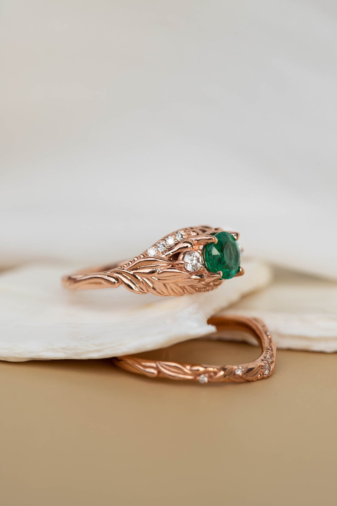 Natural Emerald Engagement Ring, Gold Fern Leaf Ring, Unique Nature ...