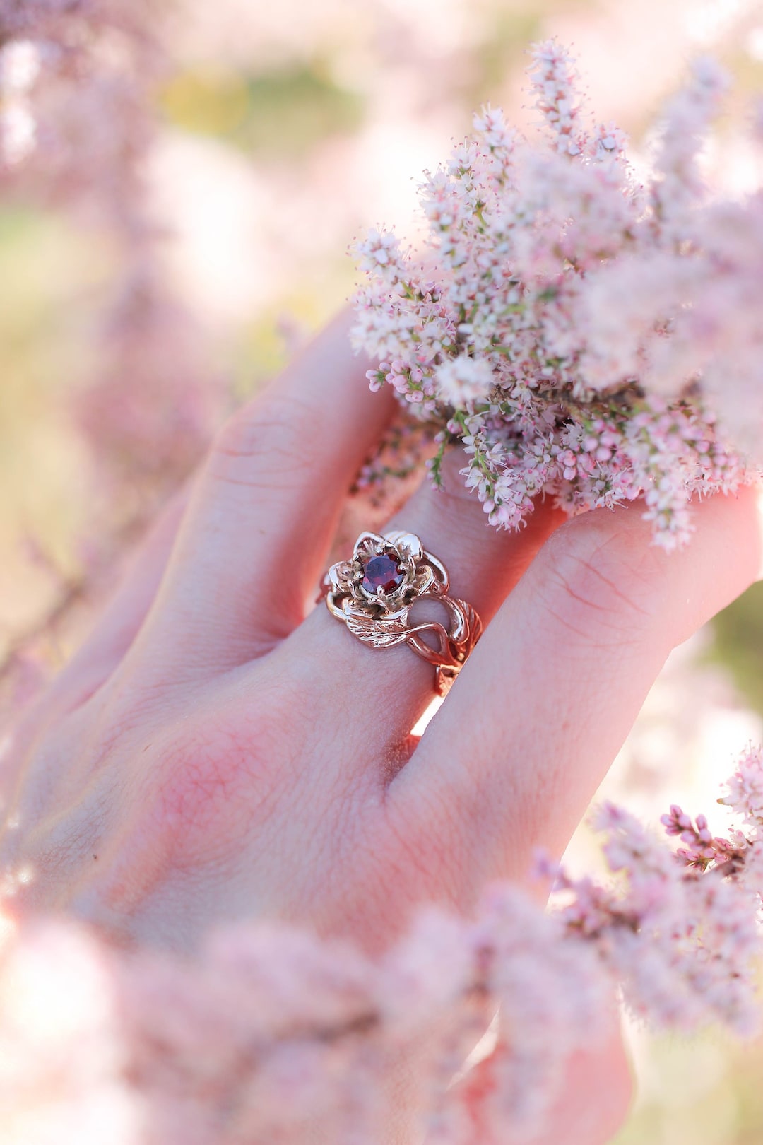 Rose Gold Flower Engagement Ring, Unique Ring for Woman, Garnet ...