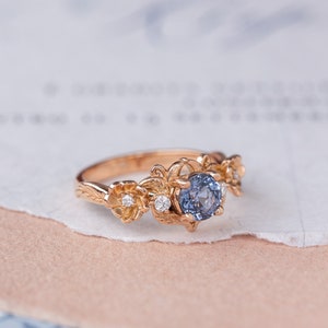 Violetish Blue Sapphire Ring With Flowers & Diamonds, Nature Inspired ...