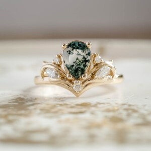 Elven Engagement Ring - Green Moss Agate Ring With Leaves and Marquise ...