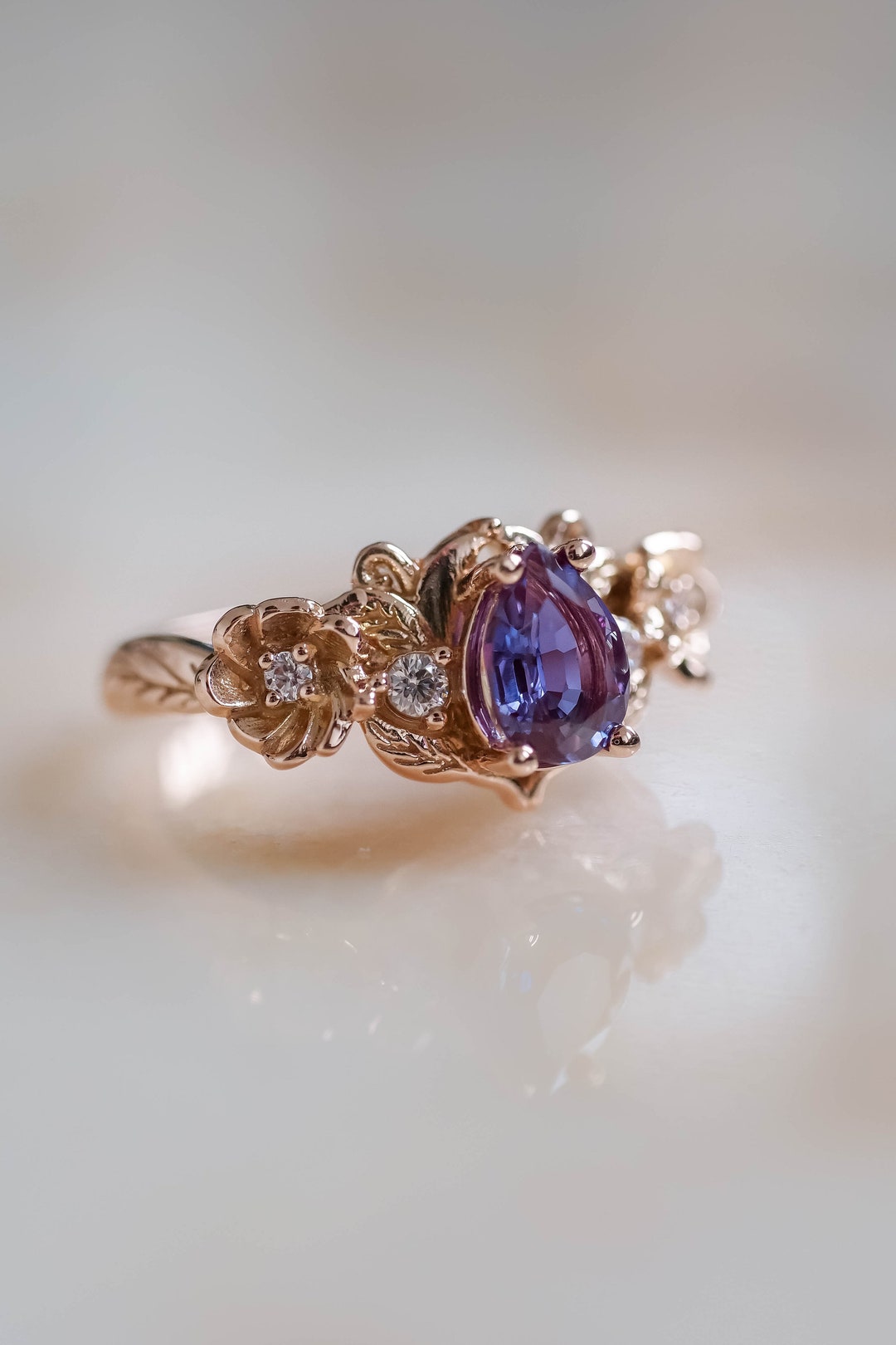 Botanical Engagement Ring With Alexandrite, Floral Engagement Ring ...