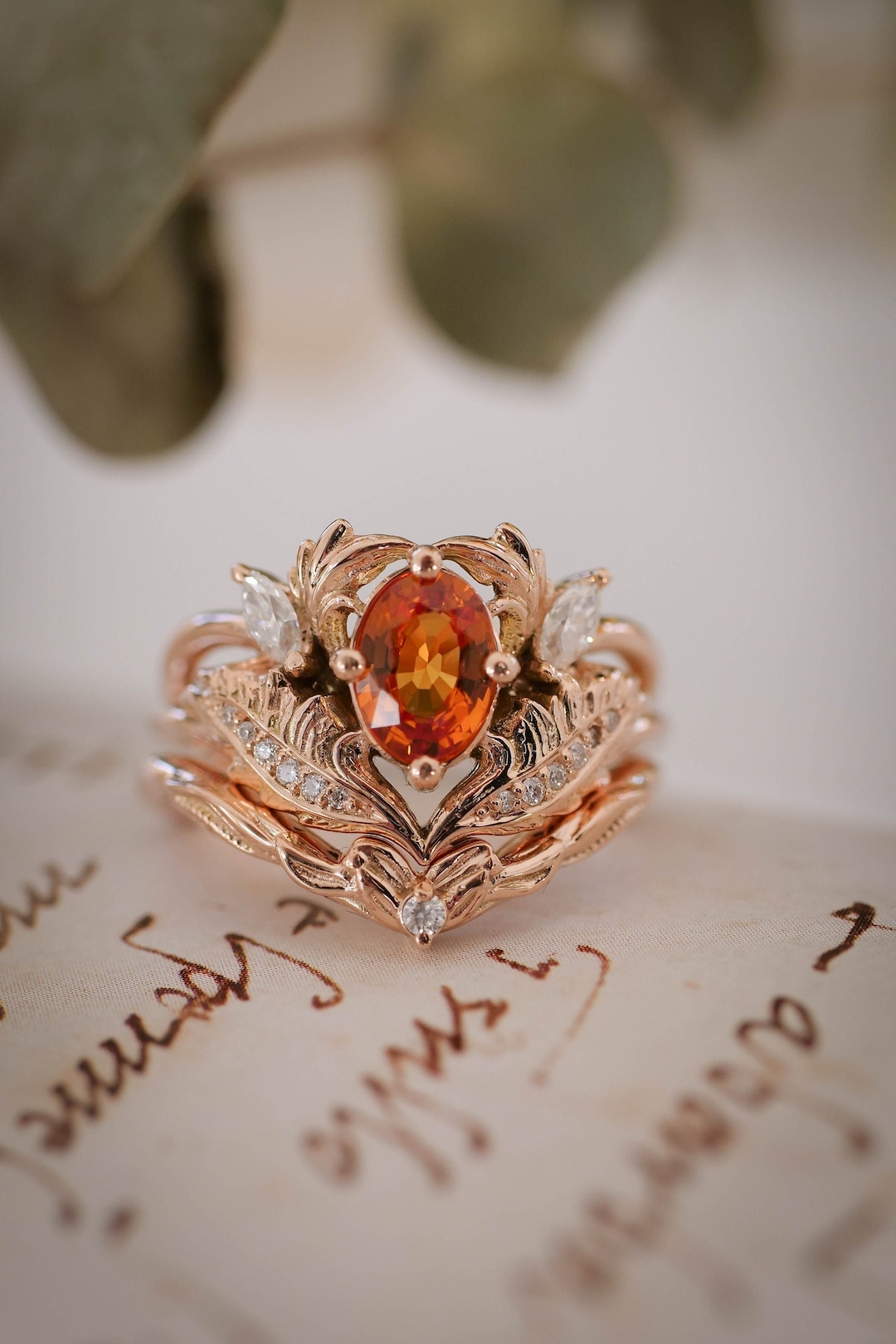 Bridal Ring Set With Orange Sapphire, Engagement & Wedding Ring Set ...