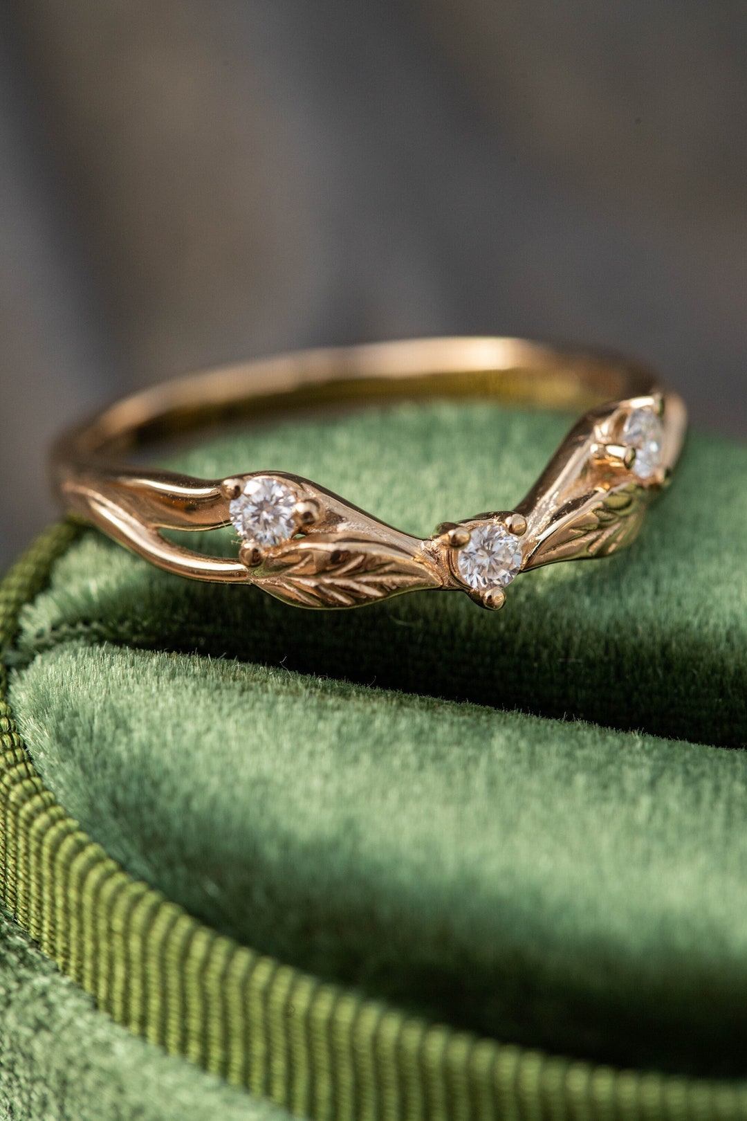 Leaves Wedding Band, Three Stone Ring, Yellow Gold Band, Branch Ring ...