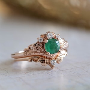 Ivy Leaves Emerald Engagement Ring Set With Diamonds, Nature Inspired ...