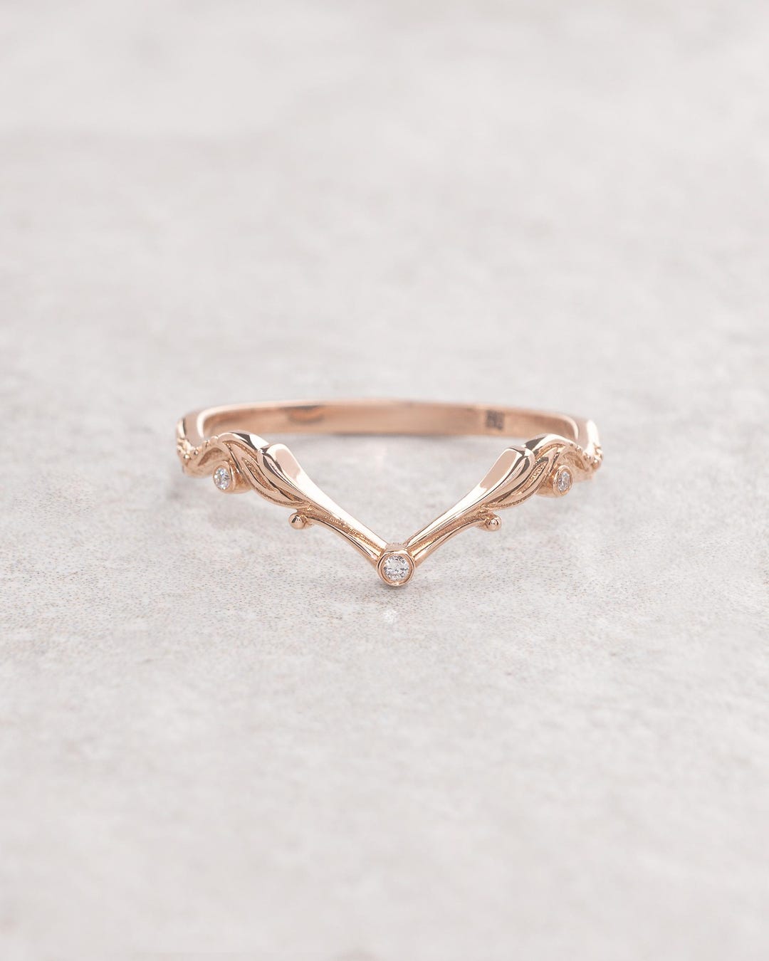 Pointed Wedding Band With Diamonds - Unique Art Nouveau Leaf Design ...