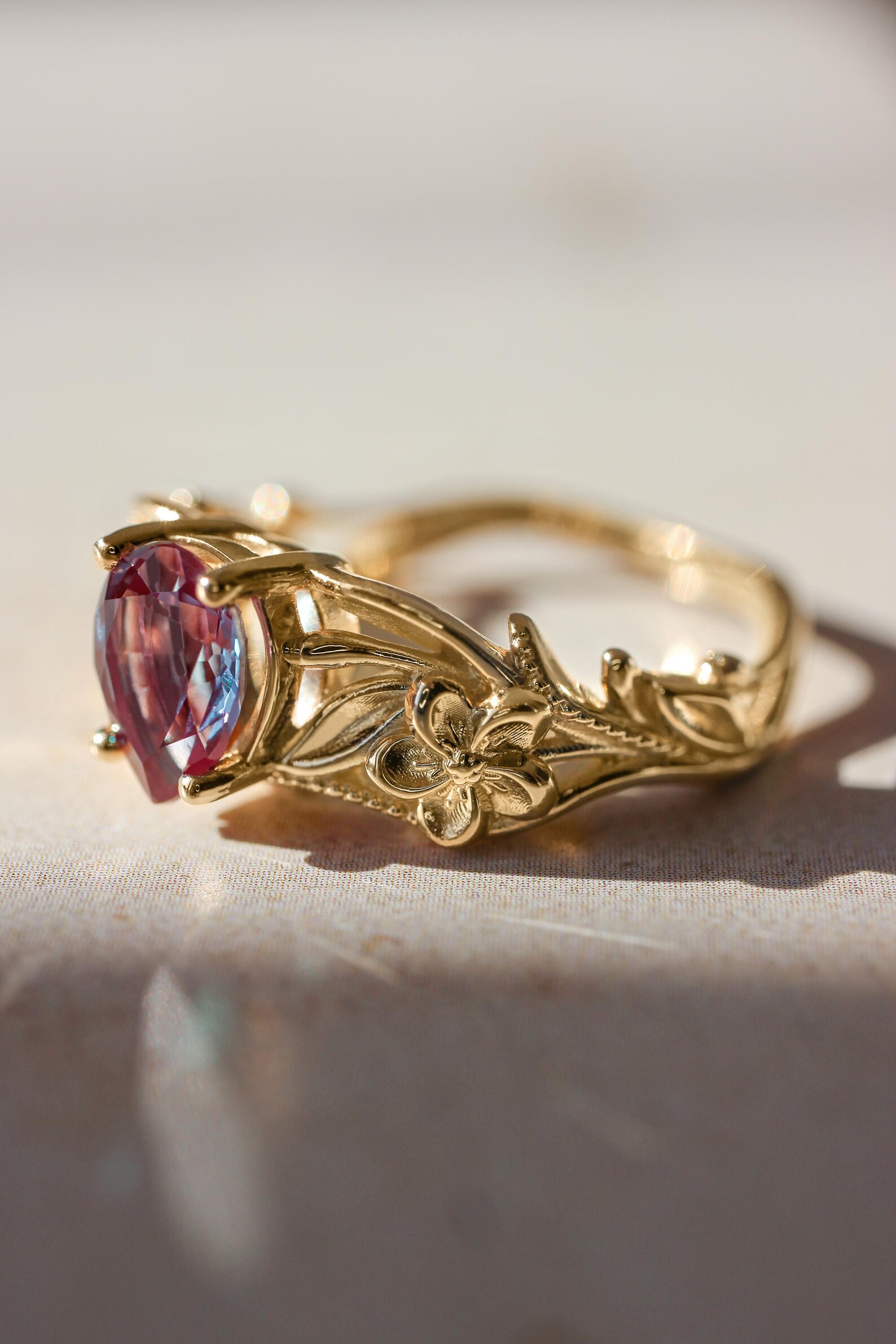 Lab Alexandrite Engagement Ring, 14k Gold Flower Bridal Ring - Etsy