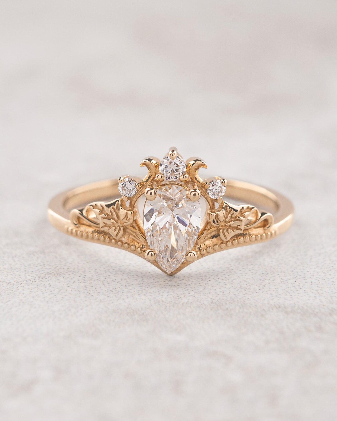 Crown Shaped Lab Grown Diamond Ring - Ethical Ivy Leaf Gold Band With ...