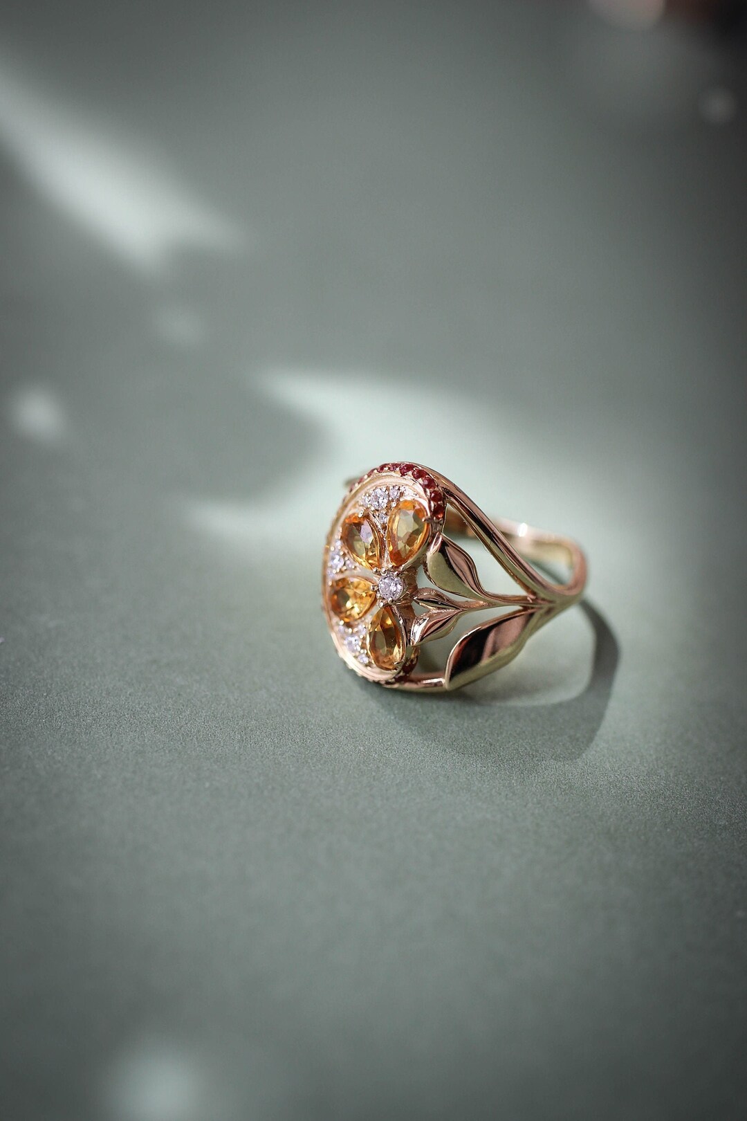 Orange Fruit Ring, Solid Gold Ring With Diamonds, Sapphire and Citrine ...