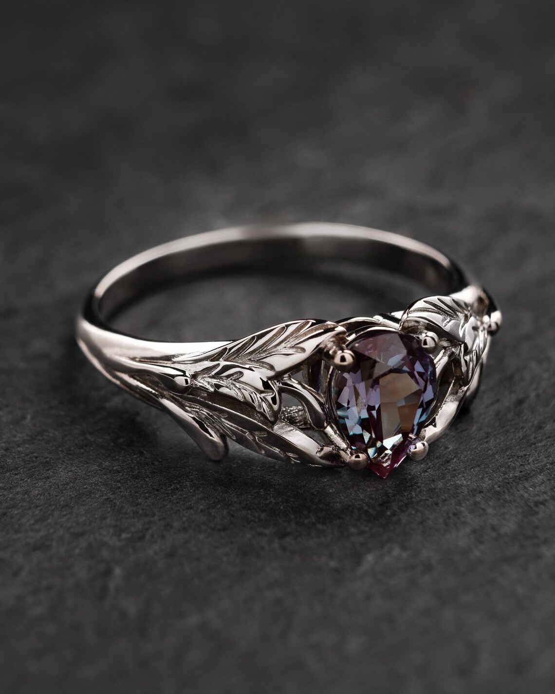 Pear Alexandrite Engagement Ring With Gold Leaves - Nature Inspired ...