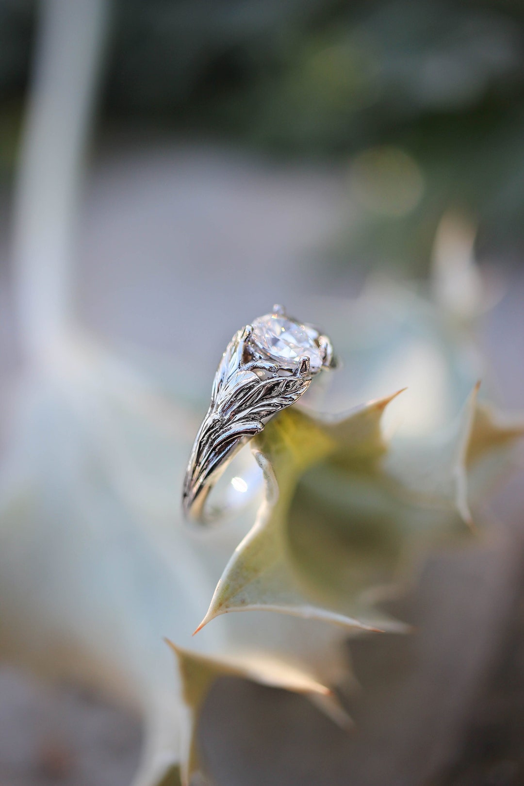 Lab Grown Diamond Engagement Ring, White Gold Ring, Leaves Ring for ...