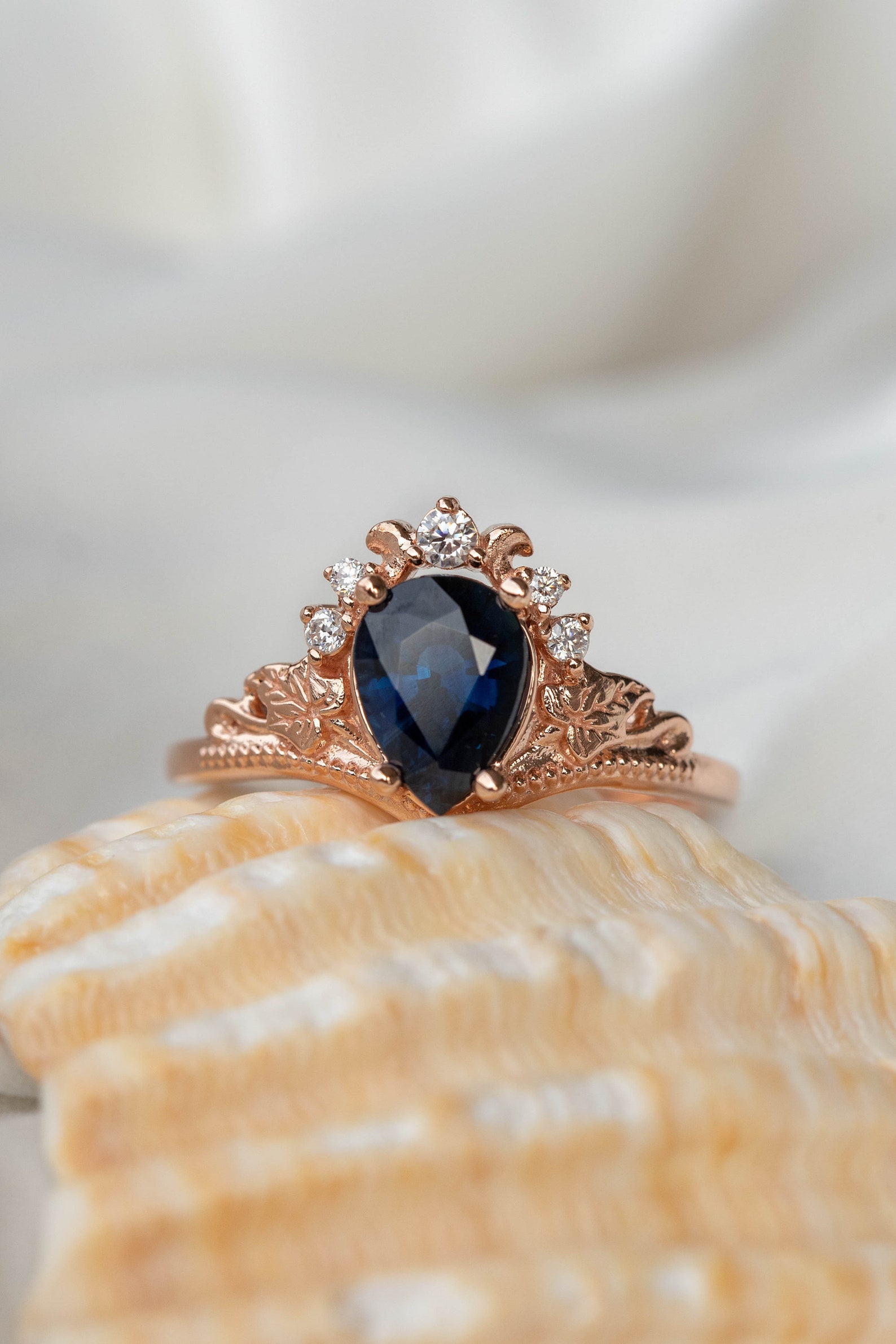 Genuine Dark Blue Sapphire Engagement Ring Set Rose Gold - Etsy