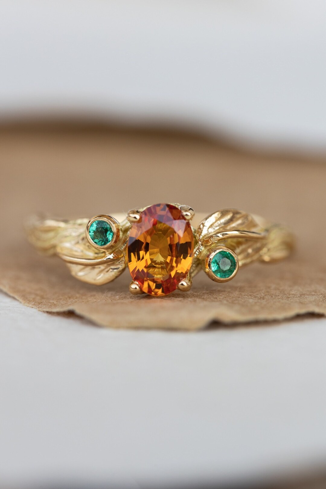 Genuine Orange Sapphire Engagement Ring, 14K Yellow Gold Ring, Emerald ...
