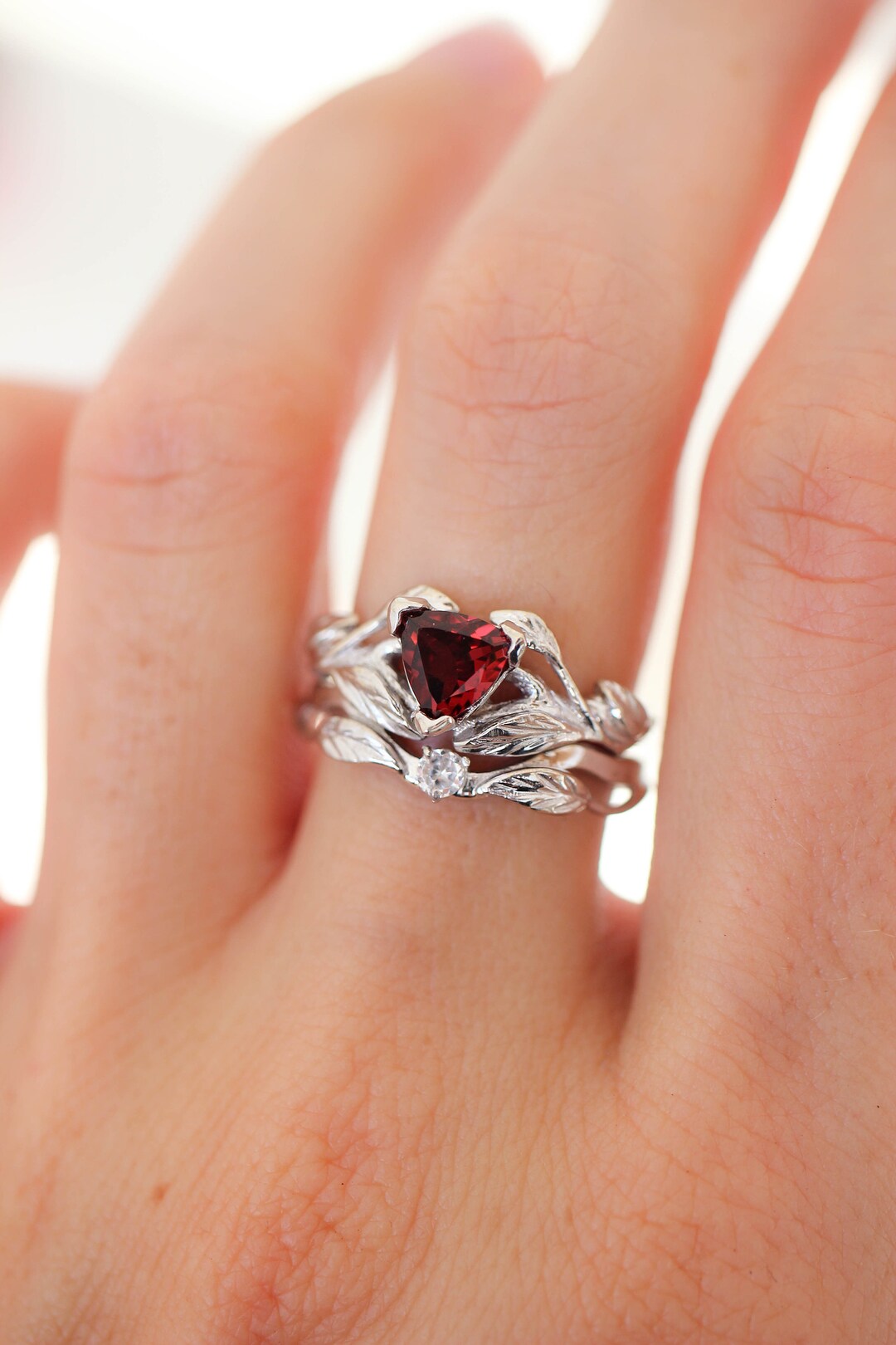 Garnet and Diamond Ring Set, Engagement and Wedding Ring Set, Leaves ...