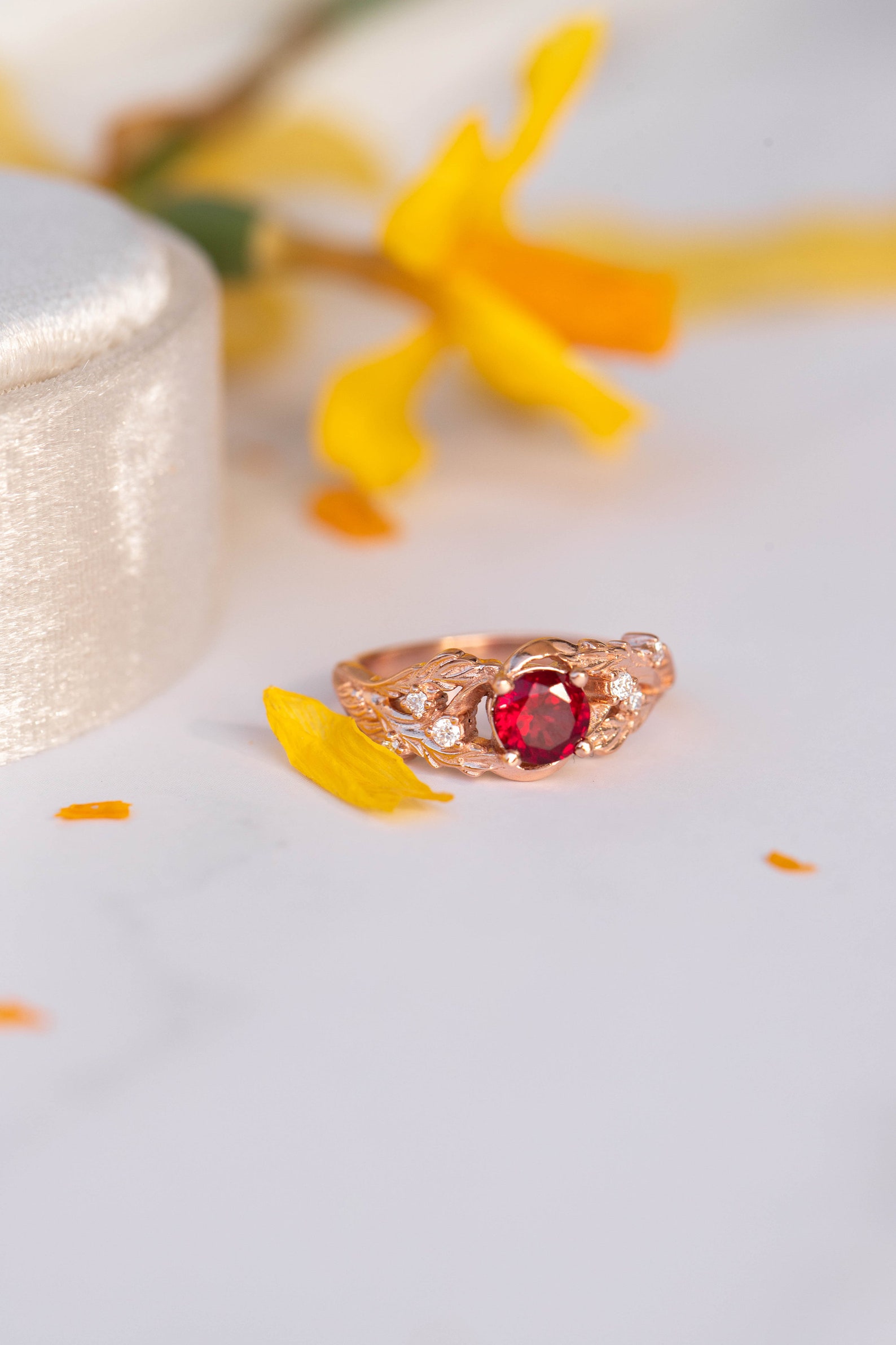 Lab Ruby Rose Gold Engagement Ring Gold Twig Leaf Ring - Etsy