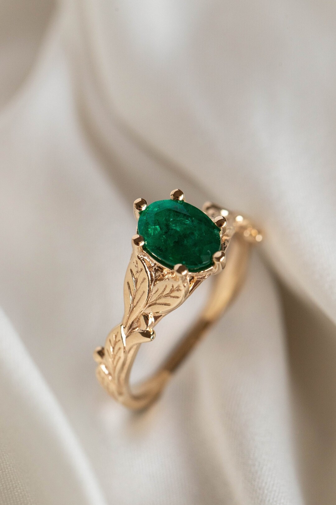 Natural Emerald Engagement Ring, Delicate Gold Leaves Nature Inspired ...